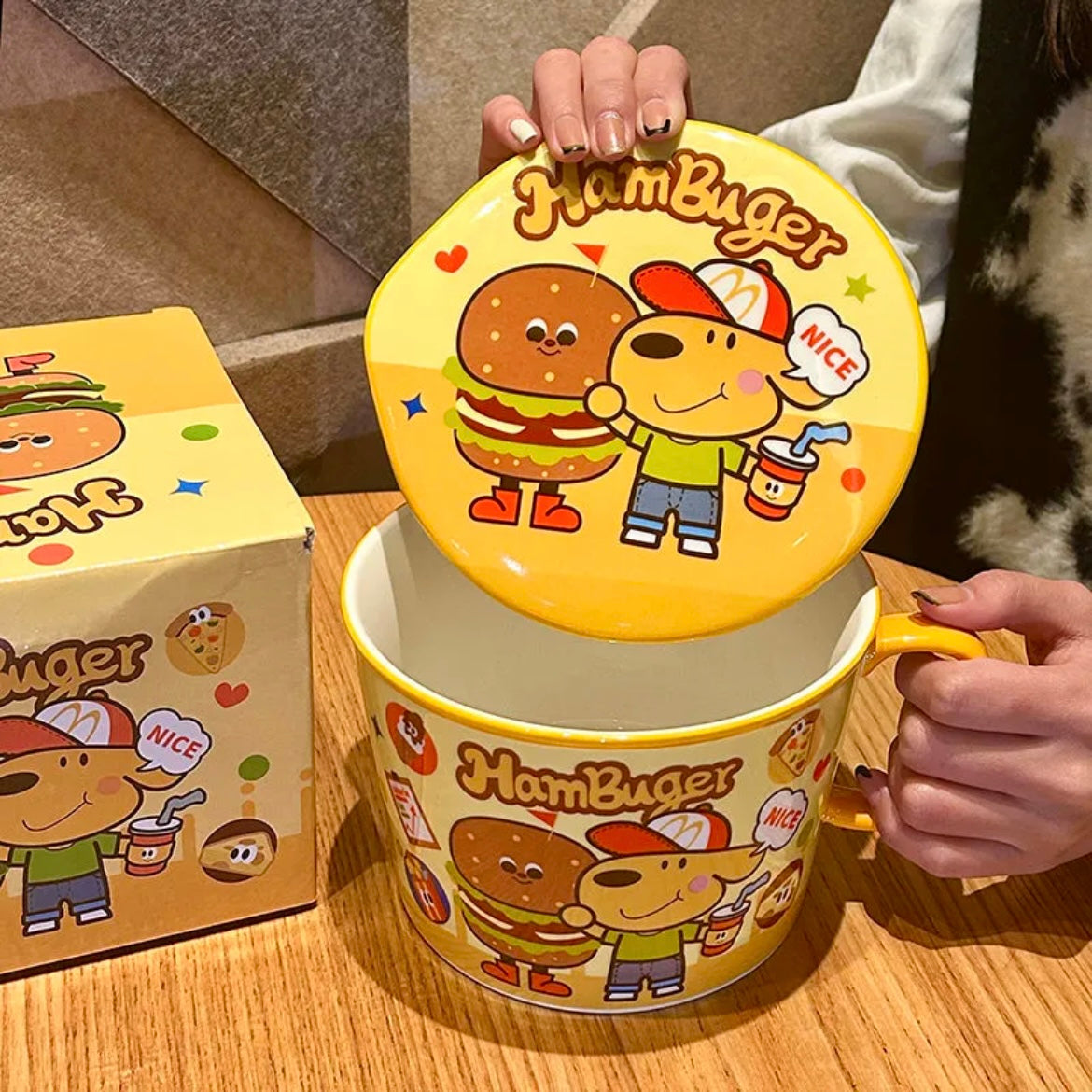 Large Capacity Ceramic Ramen Bowl - Cute Hamburger & Ice Cream Dog Des ...