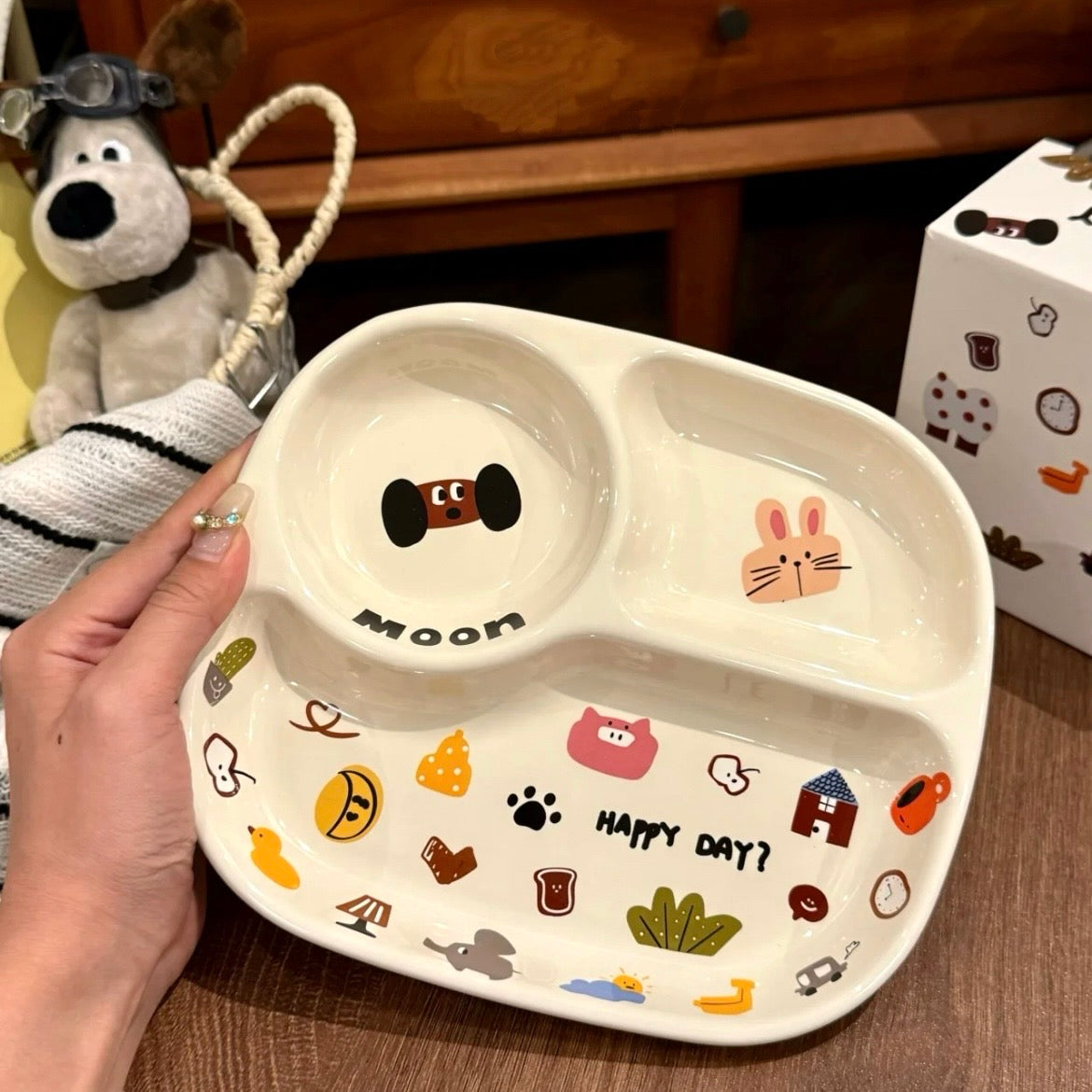Moon Dog Doodle 3-Compartment Divided Plate - Ceramic Bento Plate ...