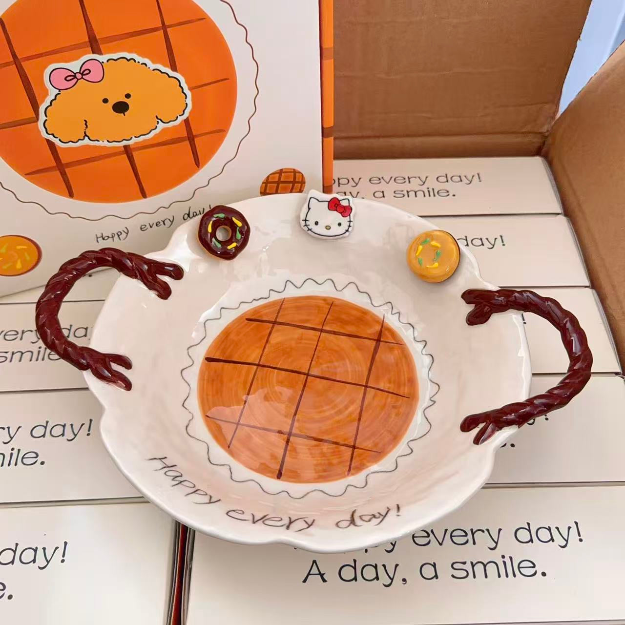 Caramel Kitty Hand-Painted Ceramic Plate with Handles - Wuli Home